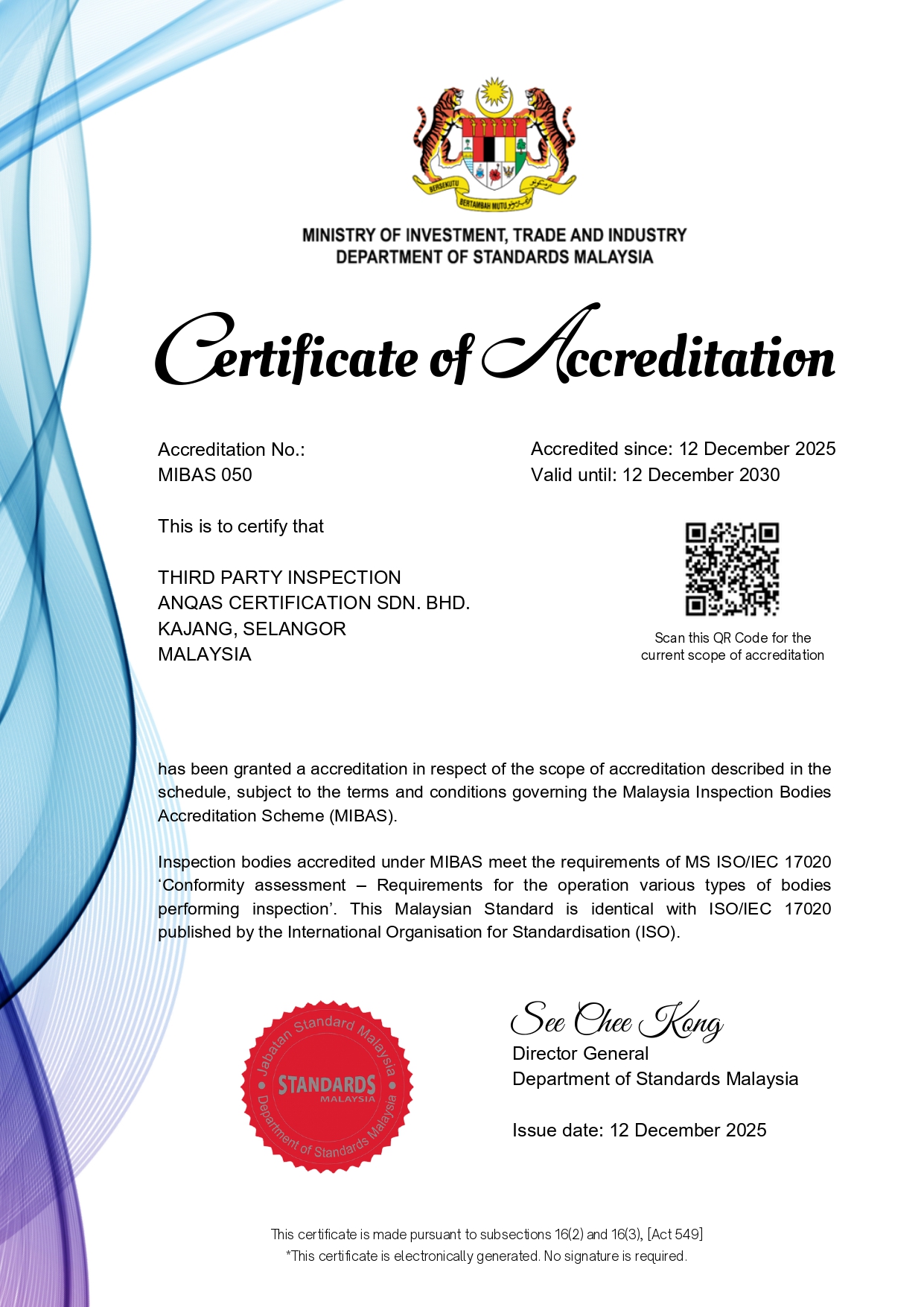 New Certificate of Accreditation 2025 – 3rd Party Inspection (MIBAS 050 ...